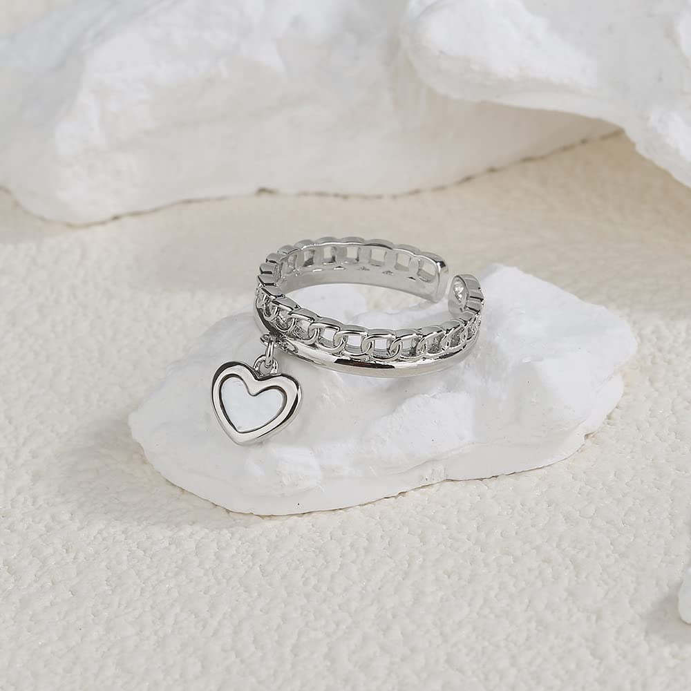 Shell Heart Charm Dangle Open Finger Ring Adjustable Open Stacking Statement Double Layer Chain Bands Fashion Promise Eternity Rings for Women Teen Girls Bride Wife Jewelry Aniversary Wedding Valentines Gifts