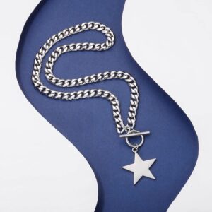 MIFYNN Silver Star Cuban Link Necklace Fashion Style Star Necklaces for Women, Silver Necklace for Women to Surprise Friends And Relatives, Friendship Necklace is Also the Best Birthday Gift