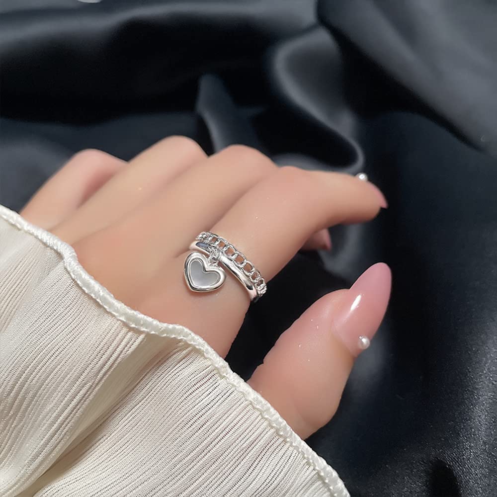 Shell Heart Charm Dangle Open Finger Ring Adjustable Open Stacking Statement Double Layer Chain Bands Fashion Promise Eternity Rings for Women Teen Girls Bride Wife Jewelry Aniversary Wedding Valentines Gifts