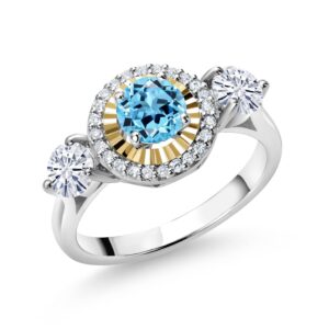 gem stone king 925 silver and 10k yellow gold 3-stone lab grown diamond 3 stone women engagement ring round swiss blue topaz and moissanite (1.23 cttw) (size 8)