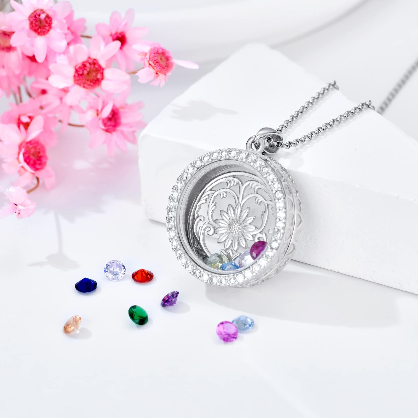 SOULMEET Round Sunflower Floating Locket Necklace That Holds Birthstones/Pictures/Hair Locket Living Flower DIY Floating Charm Memory Necklace for Women