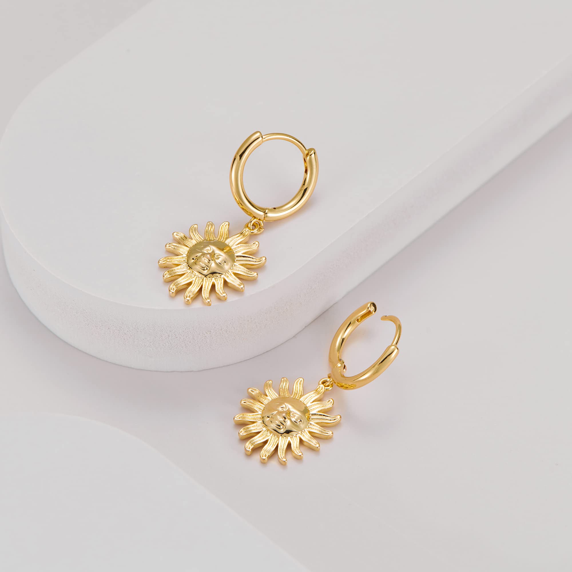 WOWORAMA Gold Sun Earrings for Women 18K Gold Hoop Dangle Earrings Dainty Huggie Hoop Earrings with Sun Charm Minimalist Statement Hoop Earrings Trendy Jewelry Gifts