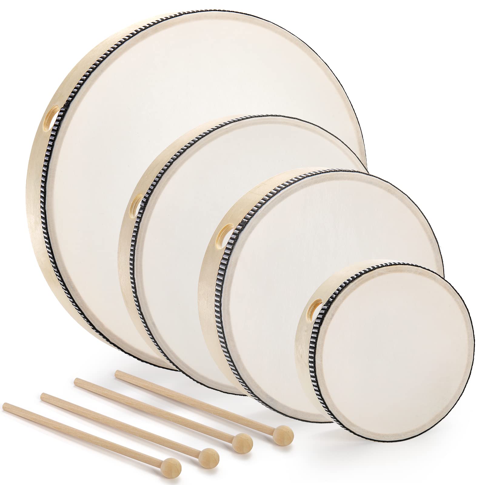 Foraineam 4 Pack Hand Drum 12 Inch 10 Inch 8 Inch 6 Inch Wood Drum Set Musical Educational Percussion Instrument Wooden Frame Drum with Drum Sticks for Home Party Supplies