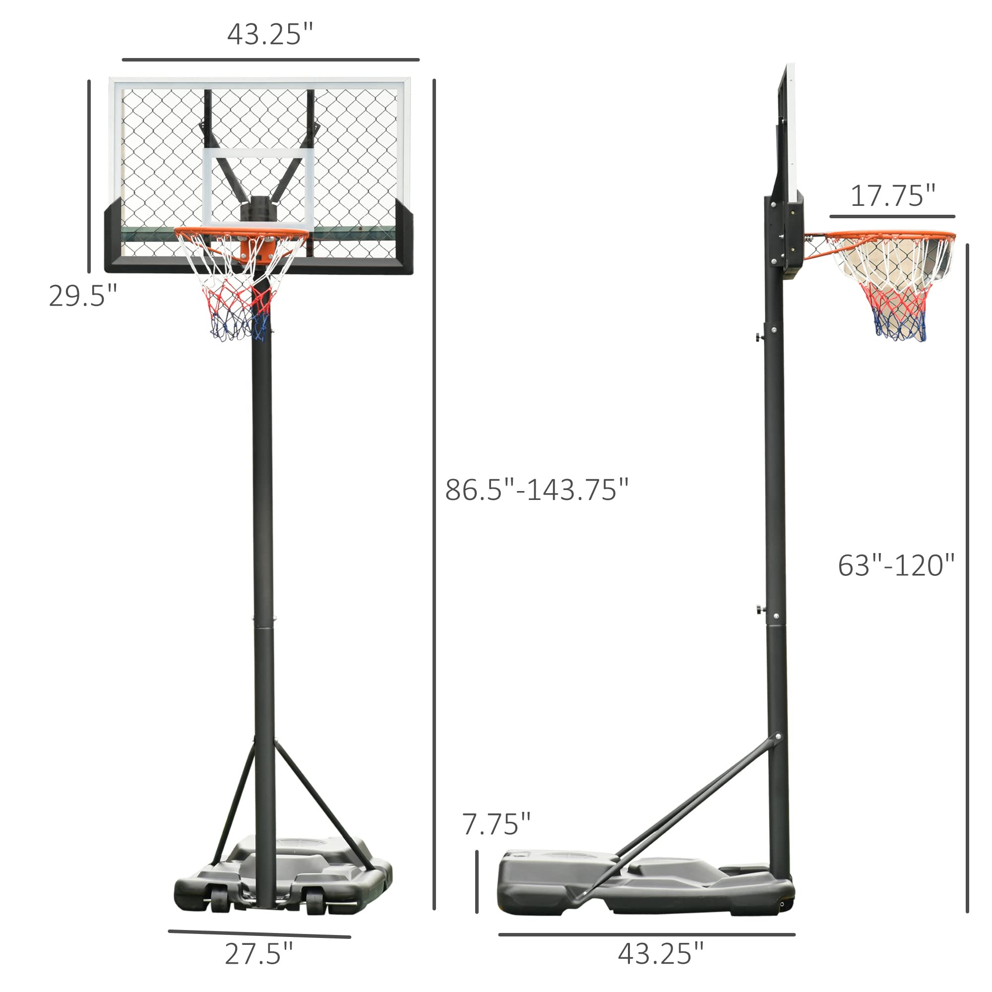 Soozier Portable Basketball Hoop, 5.2-10' Adjustable Height, Weight Base with Ball Holder, Basket Ball Stand on Wheels with 43" Backboard for Outdoor Junior Youth Adult Use, Black, White