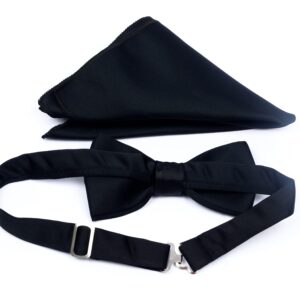 Men's Classic Pre-Tied Satin Formal Tuxedo Bowtie with Handkerchief Adjustable Length for Wedding Party and Prom (BLACK) Standart