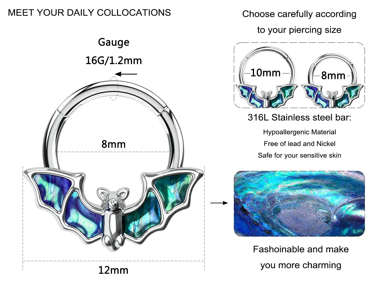 OUFER 16G Septum Rings Hoops, 316L Stainless Steel Septum Piercings, Black Bat Design Cartilage Earrings, Helix Conch Daith Piercing Jewelry for Women and Men-10MM