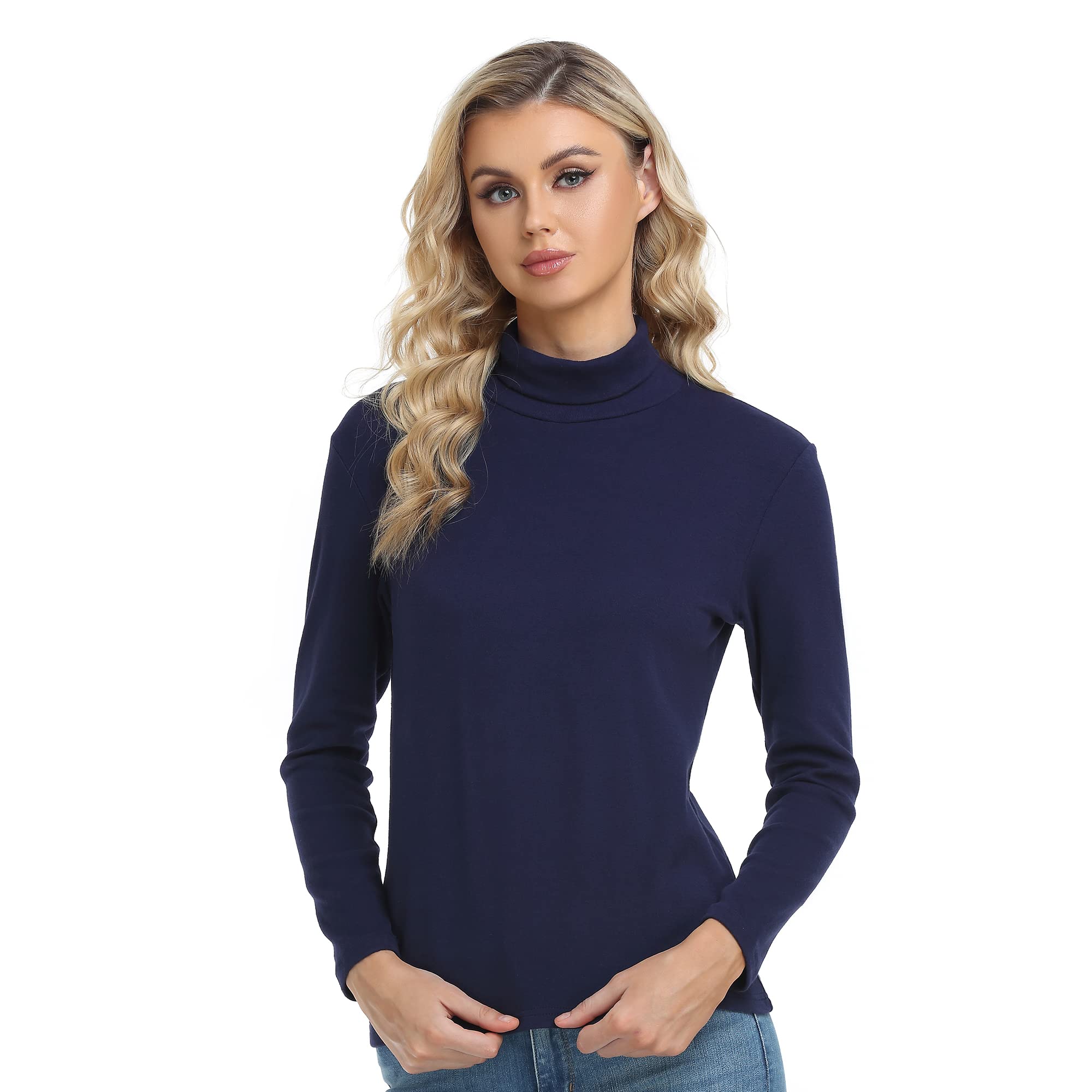 CUNYI Women's Turtleneck Shirt Long Sleeve Thermal Tee Cotton Tops for Women, Navy Blue M