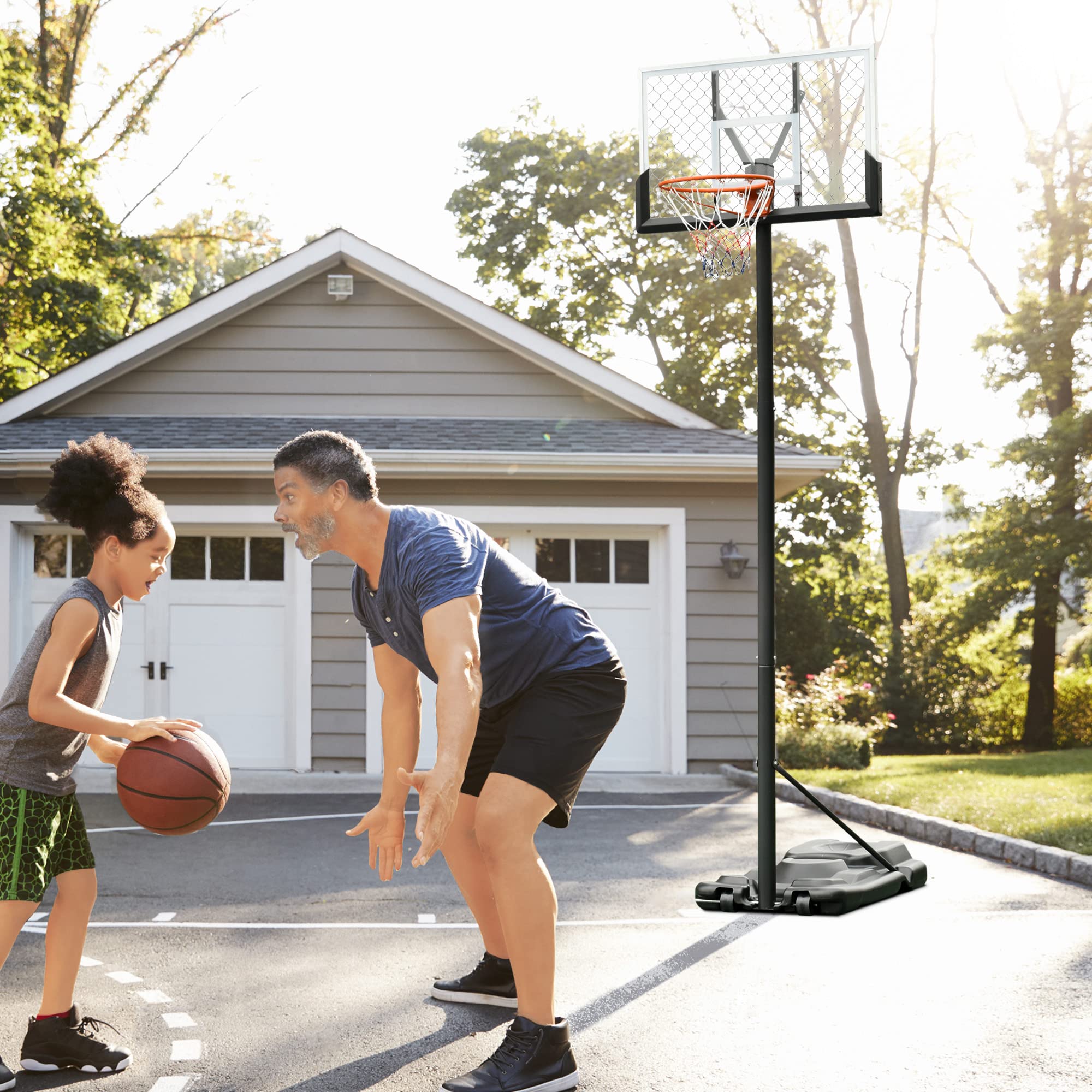 Soozier Portable Basketball Hoop, 5.2-10' Adjustable Height, Weight Base with Ball Holder, Basket Ball Stand on Wheels with 43" Backboard for Outdoor Junior Youth Adult Use, Black, White