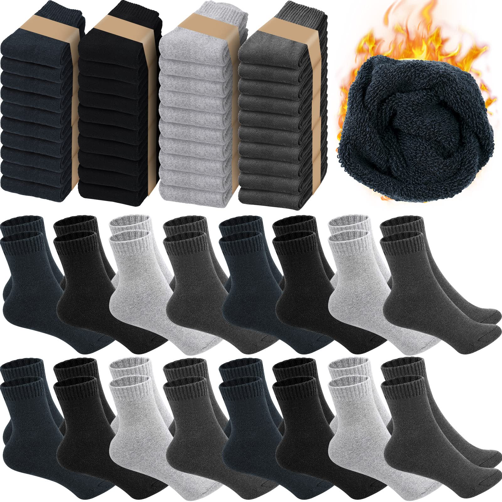 Jecery 60 Pairs Thermal Winter Socks Warm Socks for Men and Women Bulk Winter Socks Cold Weather Boot Sock Bulk Pack Donation Charity Care Bundle Warm Gift (Dark Colors)