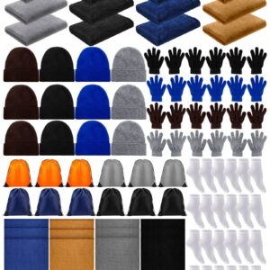 Jecery 72 Pieces Homeless Care Package Supplies Winter Coral Fleece Blanket Gloves Socks Beanies Scarves and Drawstring Bags Bulk for Winter Homeless Care