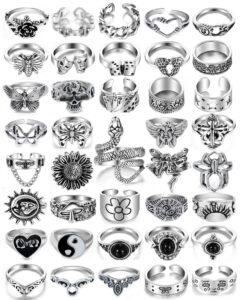 zovoli 42-45pcs vintage sliver goth punk rings set for women men cool gothic ring pack y2k open chunky knuckle emo rings skull snake flower butterfly trendy stackable rings for gift (45pcs)