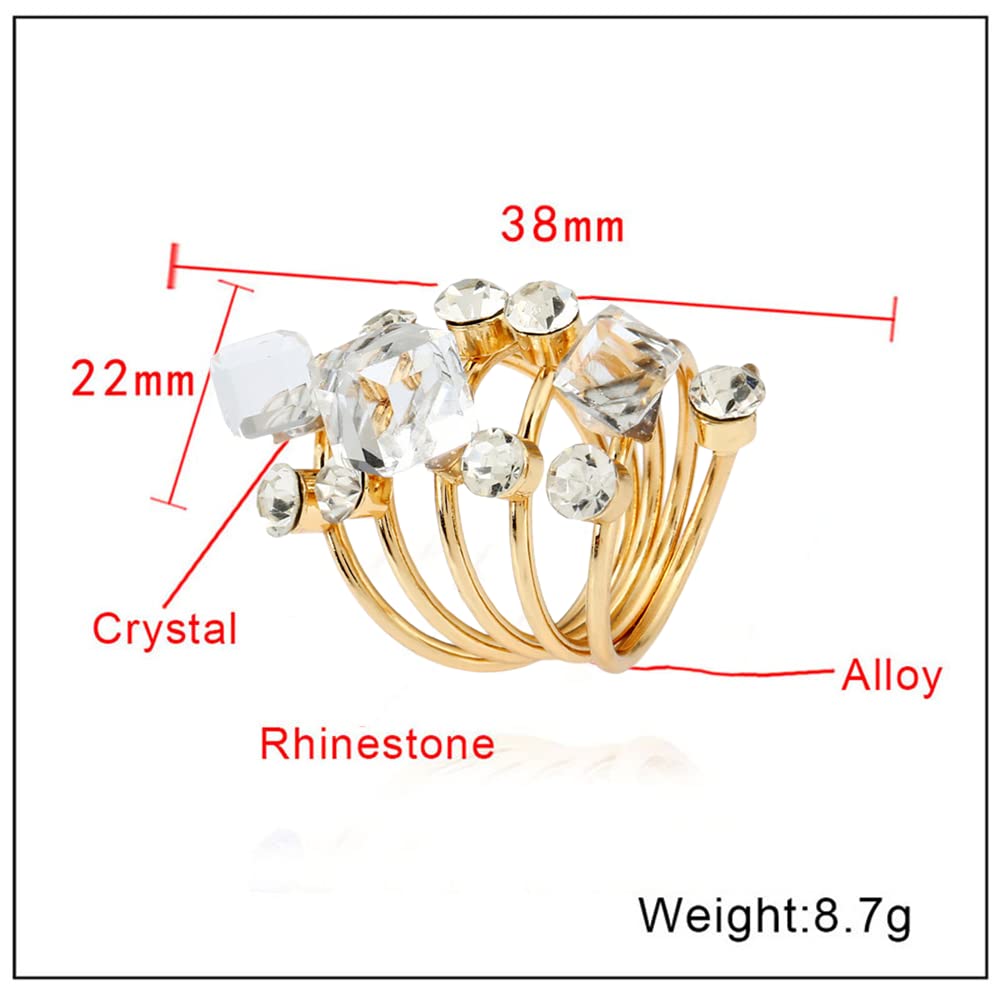 Layered Rhinestone Statement Ring for Women Girls Gold Plated Fashion Round Cube Crystal Adjustable Wide Wrap Finger Rings Shiny Act Deco Christmas Birthday Wedding Party Jewelry Gift Size7-8 (Clear)