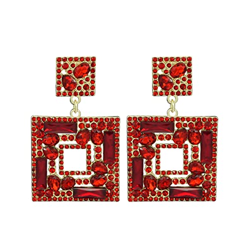 Mejialaa Women's Fashion Crystal Square Dangle Statement Earrings Geometric Shaped with Rhinestone Drop Earrings for Party Prom Ruby Color Gold-Tone