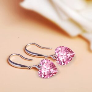 Heart Dangle Earring 925 Sterling Silver 5A Heart Cubic Zirconia Drop Earring for Women Silver Jewelry Gift for Wife (Heart Shape-Pink)