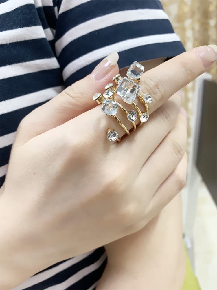 Layered Rhinestone Statement Ring for Women Girls Gold Plated Fashion Round Cube Crystal Adjustable Wide Wrap Finger Rings Shiny Act Deco Christmas Birthday Wedding Party Jewelry Gift Size7-8 (Clear)