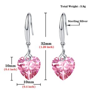 Heart Dangle Earring 925 Sterling Silver 5A Heart Cubic Zirconia Drop Earring for Women Silver Jewelry Gift for Wife (Heart Shape-Pink)