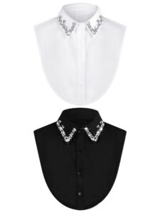 bencailor 2 pieces rhinestone fake collar detachable dickey collar for women half shirt collar blouse false collar for women girls outfits, white and black