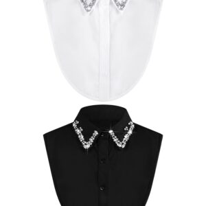 Bencailor 2 Pieces Rhinestone Fake Collar Detachable Dickey Collar for Women Half Shirt Collar Blouse False Collar for Women Girls Outfits, White and Black