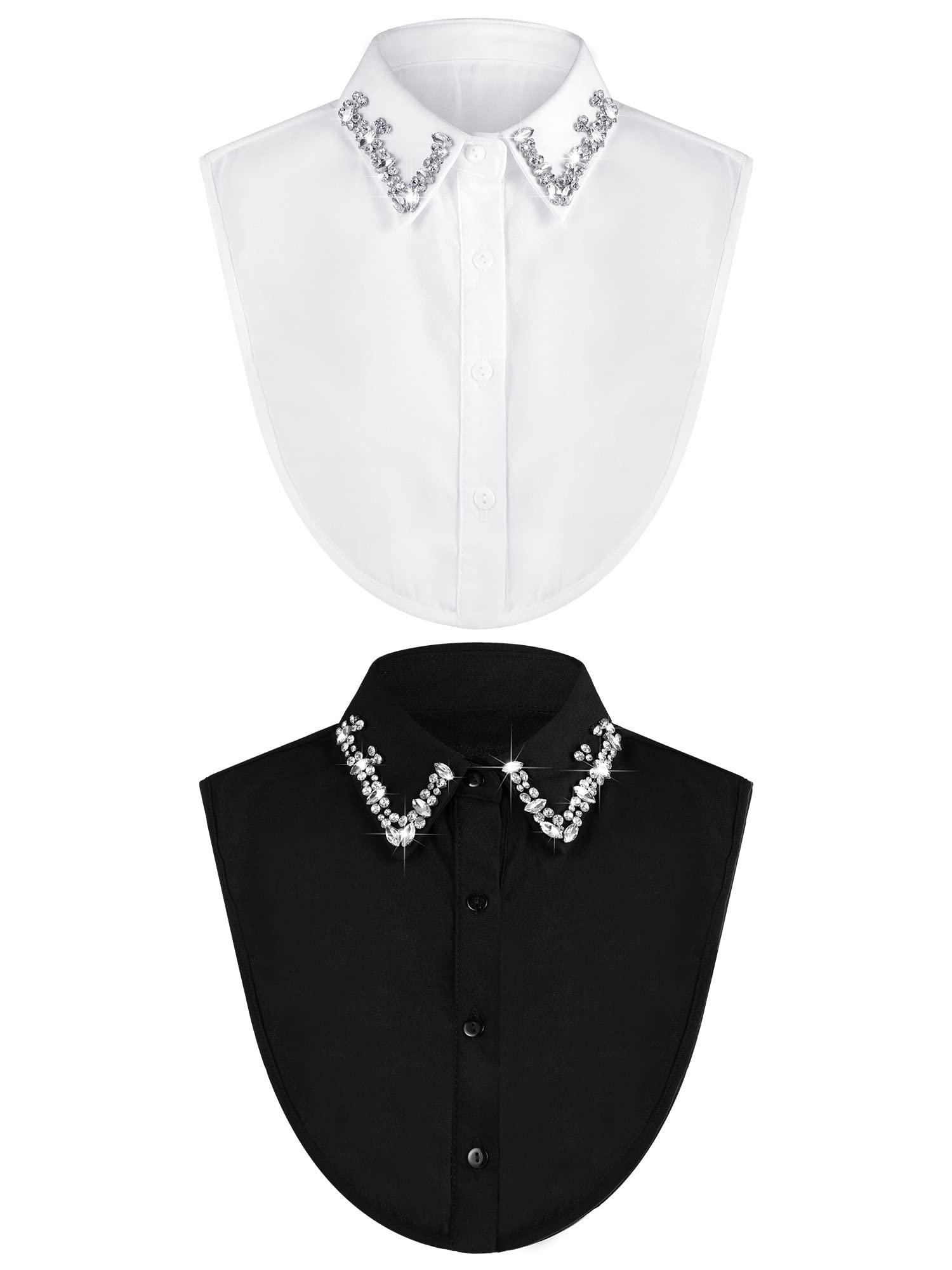 Bencailor 2 Pieces Rhinestone Fake Collar Detachable Dickey Collar for Women Half Shirt Collar Blouse False Collar for Women Girls Outfits, White and Black