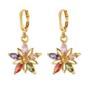 hzman 14k gold plated sterling silver crystal flower earrings for women cubic zirconia drop dangle earring fashion earring jewelry gift (colorful flower)