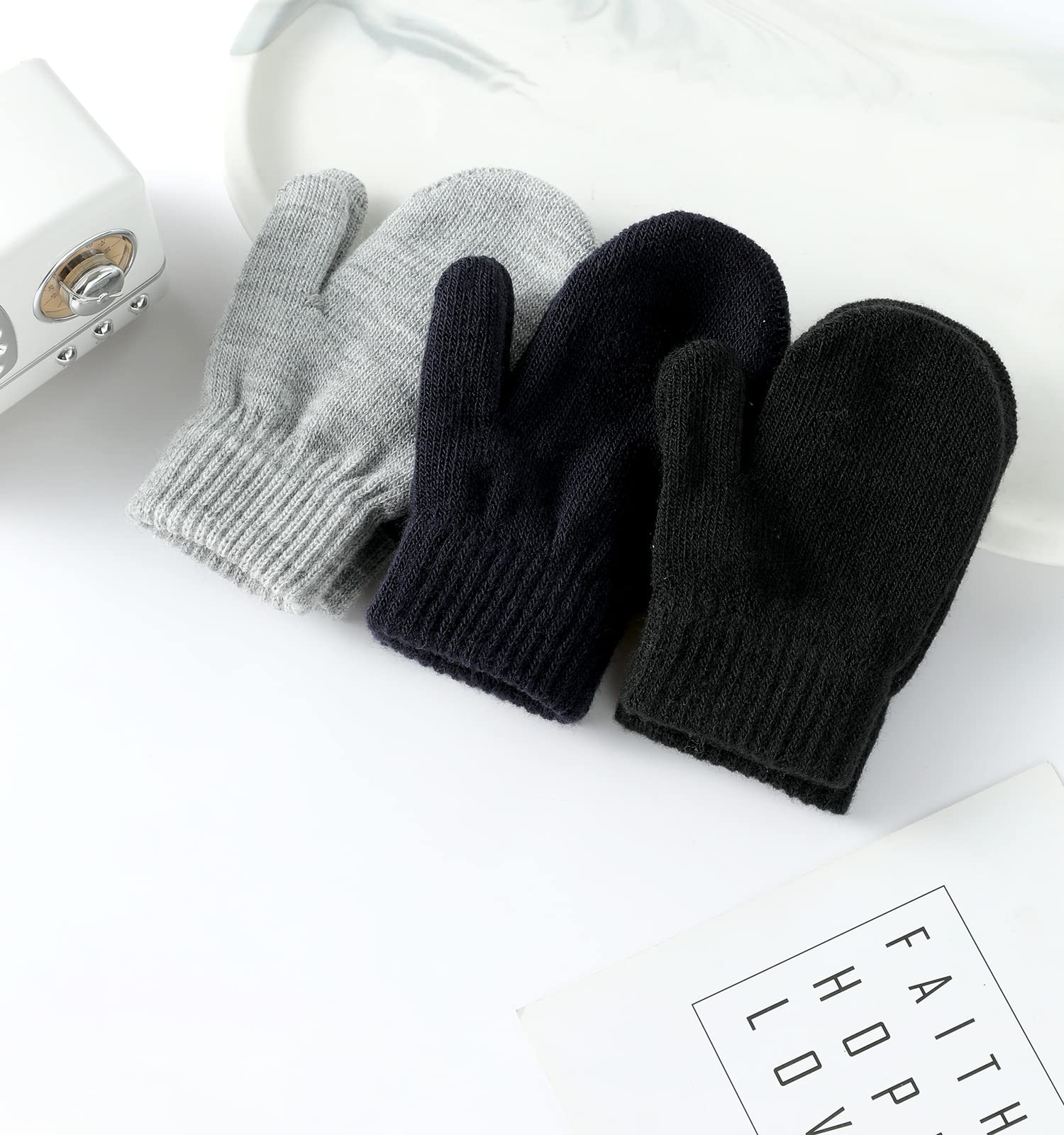 Saniripple 3 Pairs Winter Warm Knitted Soft Baby Mittens Toddler Mitten Gloves for Boys Girls grey/black/navy