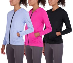 3 pack: womens dry fit long sleeve full zip up hoodie jacket ladies athletic running track workout sports yoga pockets upf sun shirt rain warm sweat up winter rain lightweight outerwear- set 4, l