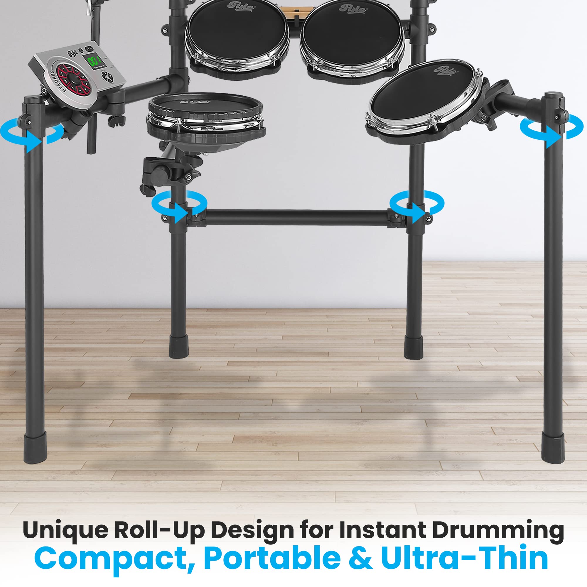 Pyle Electric Drum Set-Portable Quiet Electronic Kit with Mesh, Touch Sensitive Pads for Beginner, Supports MIDI (Mac & PC), Easy to Setup, Sticks Included for Home＆Outdoor-PTEDK86 Black