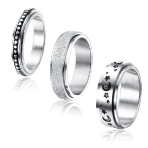 jstyle 3pcs stainless steel fidget band ring for women moon star sand blast finish spinner ring set for stress relieving wedding promise sand 10