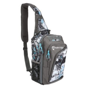 evolution fishing largemouth 3600 tackle sling pack - 18" in, water camouflage, outdoor carry bag w/ 2 fishing trays, plier holster, tackle box storage, fishing sling backpack, rod holder straps