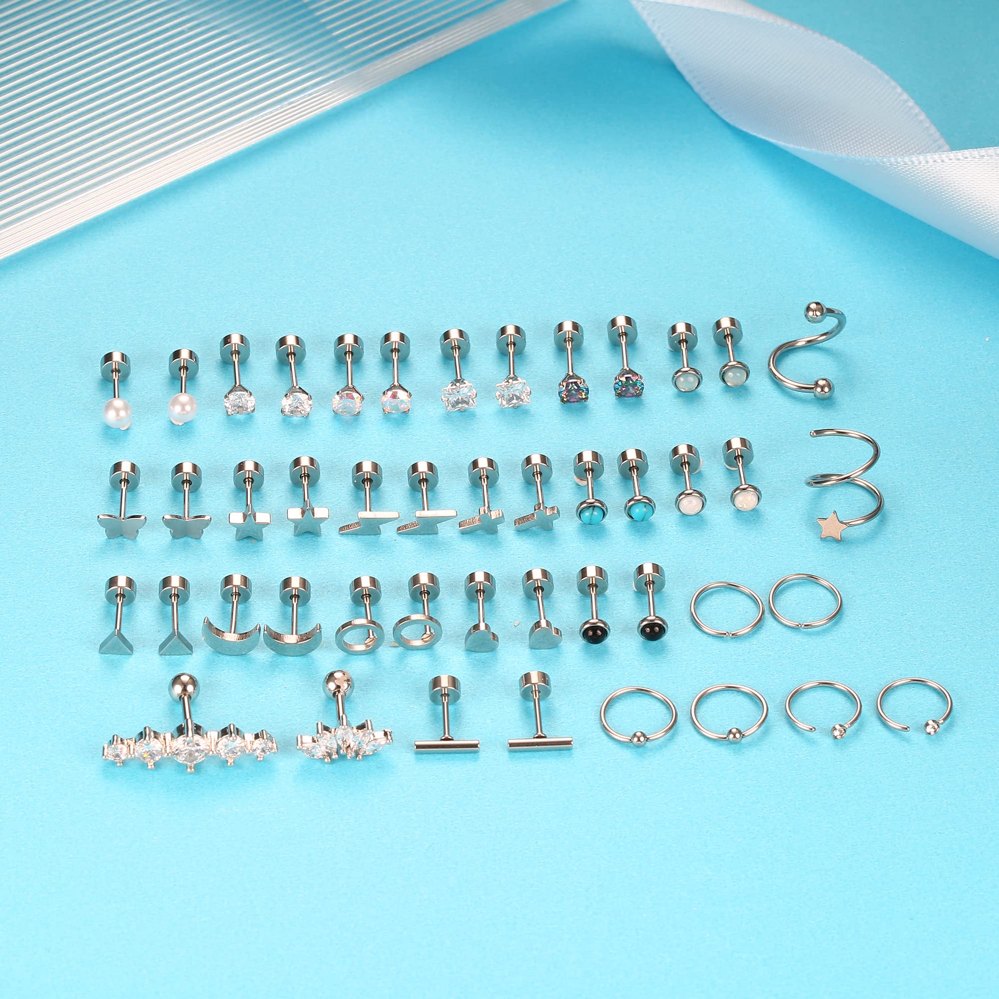 SAILIMUE 23Pairs Flat Back Earrings Hypoallergenic Surgical Steel Earrings for Women Men Hoop Stud Earrings Set Small Cartilage Earrings Tragus Daith Helix Earrings