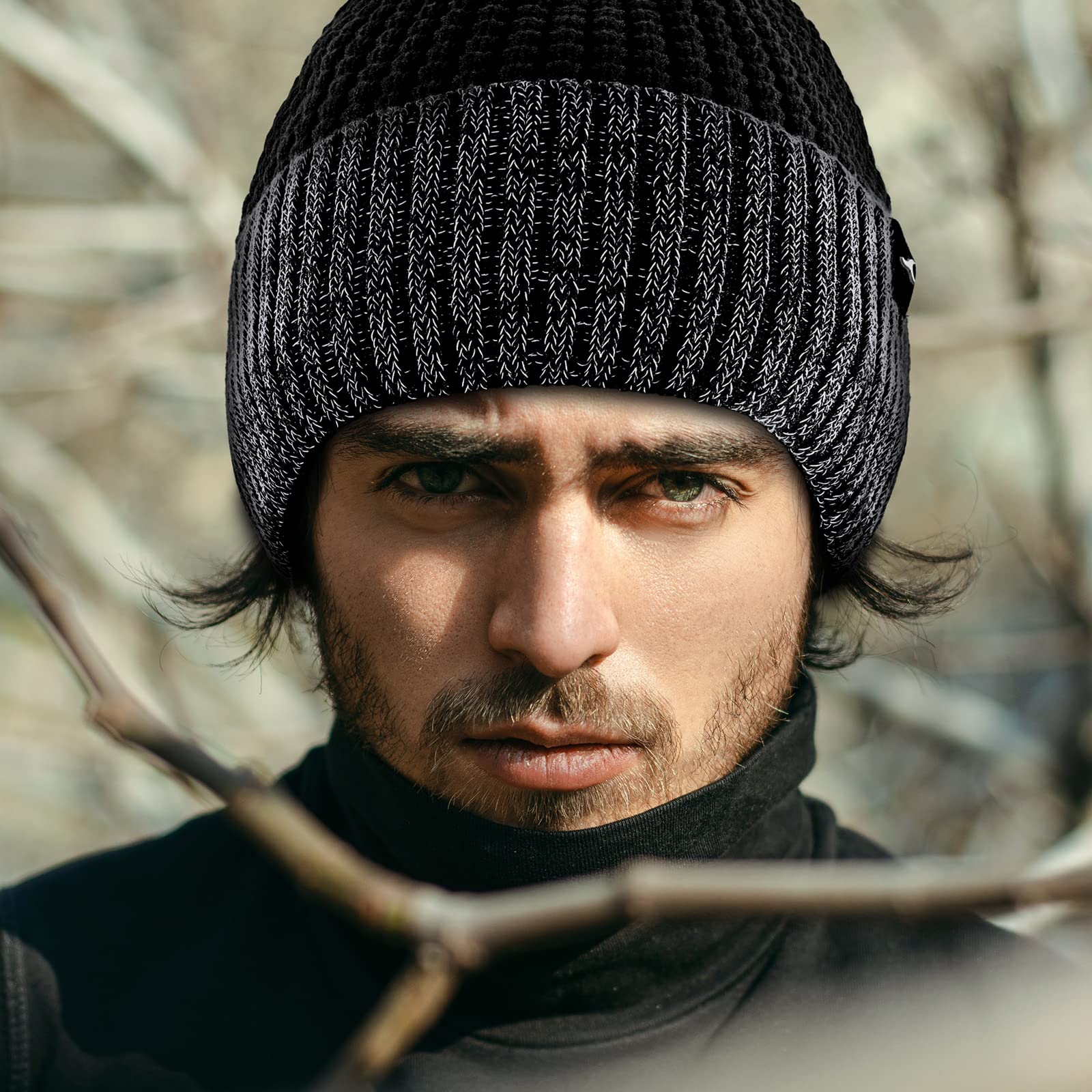 Achiou Winter Reflective Beanie Hat for Men Women, Warm Cuffed Winter Knit Hat Cap for Running Outdoor Sports High Visibility Black