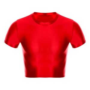 Yihuimin Men's Shiny Oil Short Sleeve Crop Tops Shirt Gym Sports Workout Compression T-Shirt Blouse Red Large