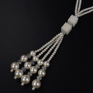 Aimimier Bohemian 2-Strand Faux Pearl Knot Beaded Necklace Long Pearl Crystal Pendant 1920s Flapper Costume Accessories for Women