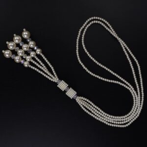 Aimimier Bohemian 2-Strand Faux Pearl Knot Beaded Necklace Long Pearl Crystal Pendant 1920s Flapper Costume Accessories for Women