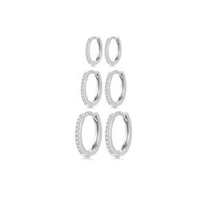 3 pairs sterling silver hoop earrings for women 14k white gold plated small silver hoop earrings cubic zirconia huggie hoop earrings for men(silver 8/10/12mm)