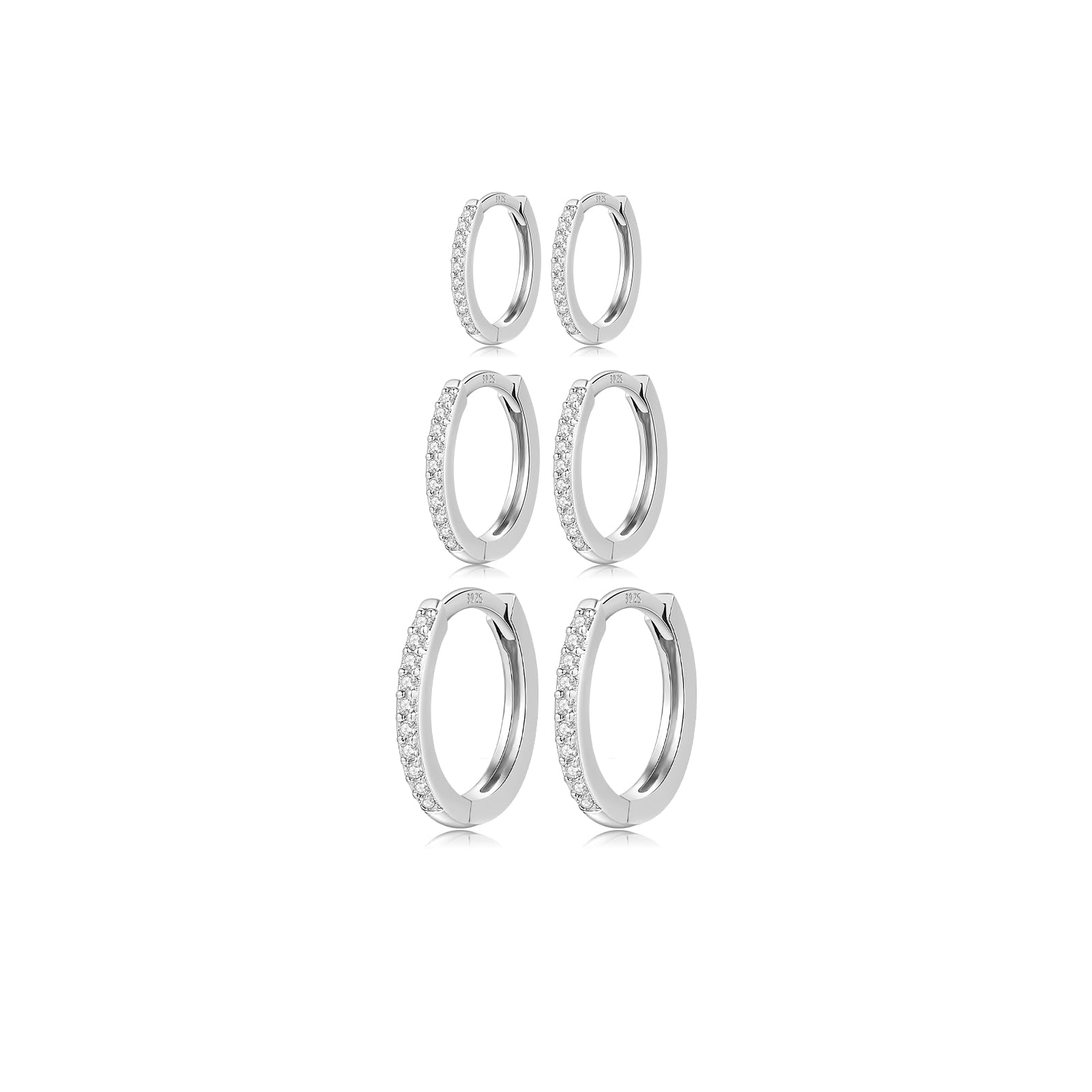 3 pairs Sterling Silver Hoop Earrings for Women 14K White Gold Plated Small Silver Hoop Earrings Cubic Zirconia Huggie Hoop Earrings for Men(Silver 8/10/12mm)