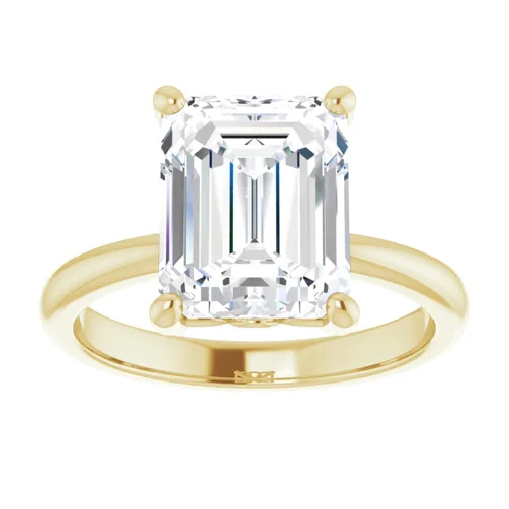 10K Solid Yellow Gold Handmade Engagement Ring, 4 CT Emerald Cut Moissanite Diamond Solitaire Wedding/Bridal Rings for Women/Her, Minimalist Anniversary Ring Gifts (8.5)