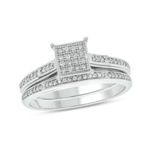 cali trove, 1/4cttw diamond square cluster engagement ring with matching diamond wedding band for women in 925 sterling silver, women's silver square wedding ring set with diamond accented bands,7