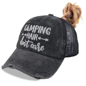 manmesh hatt camp hats for women, camping hair don't care hat, happy camper high ponytail cap with hole, vintage distressed mesh baseball cap