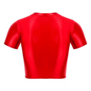 Yihuimin Men's Shiny Oil Short Sleeve Crop Tops Shirt Gym Sports Workout Compression T-Shirt Blouse Red Large