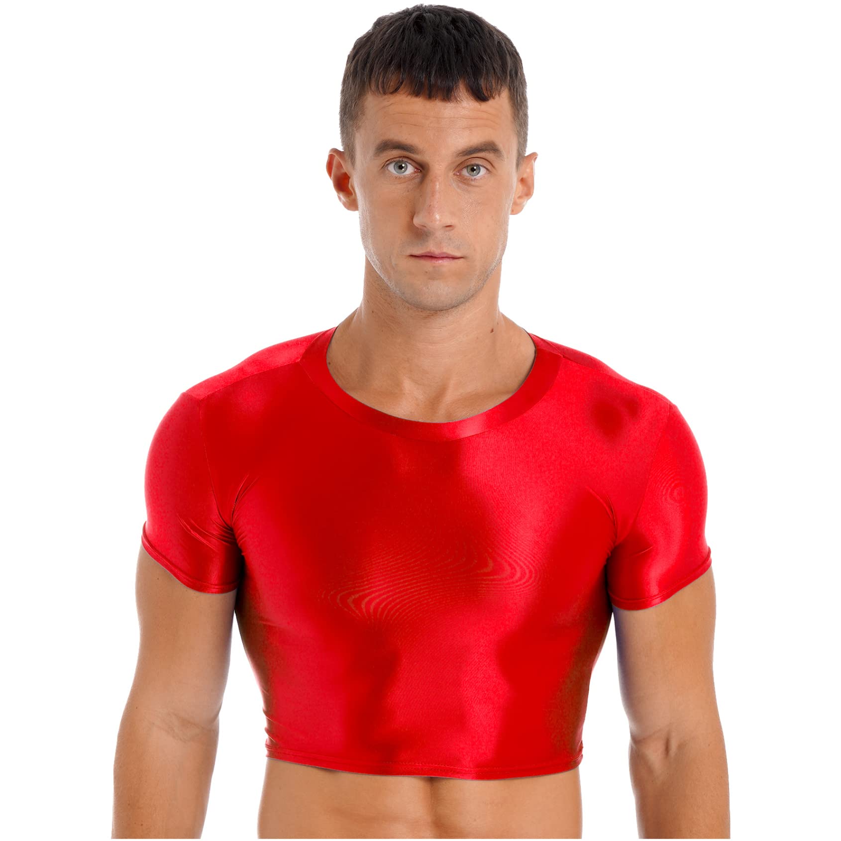 Yihuimin Men's Shiny Oil Short Sleeve Crop Tops Shirt Gym Sports Workout Compression T-Shirt Blouse Red Large