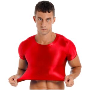 Yihuimin Men's Shiny Oil Short Sleeve Crop Tops Shirt Gym Sports Workout Compression T-Shirt Blouse Red Large