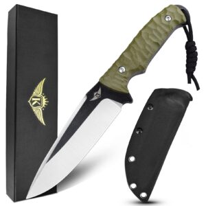 komwero fixed blade knife with kydex sheath, 4.52" blade d2 steel, full tang knife with green g10 handle, outdoor hunting camping knife for survival hiking bushcraft fishing