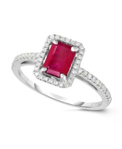 kokav 14k white gold genuine ruby 1 ct emerald cut with diamonds ring, size 7