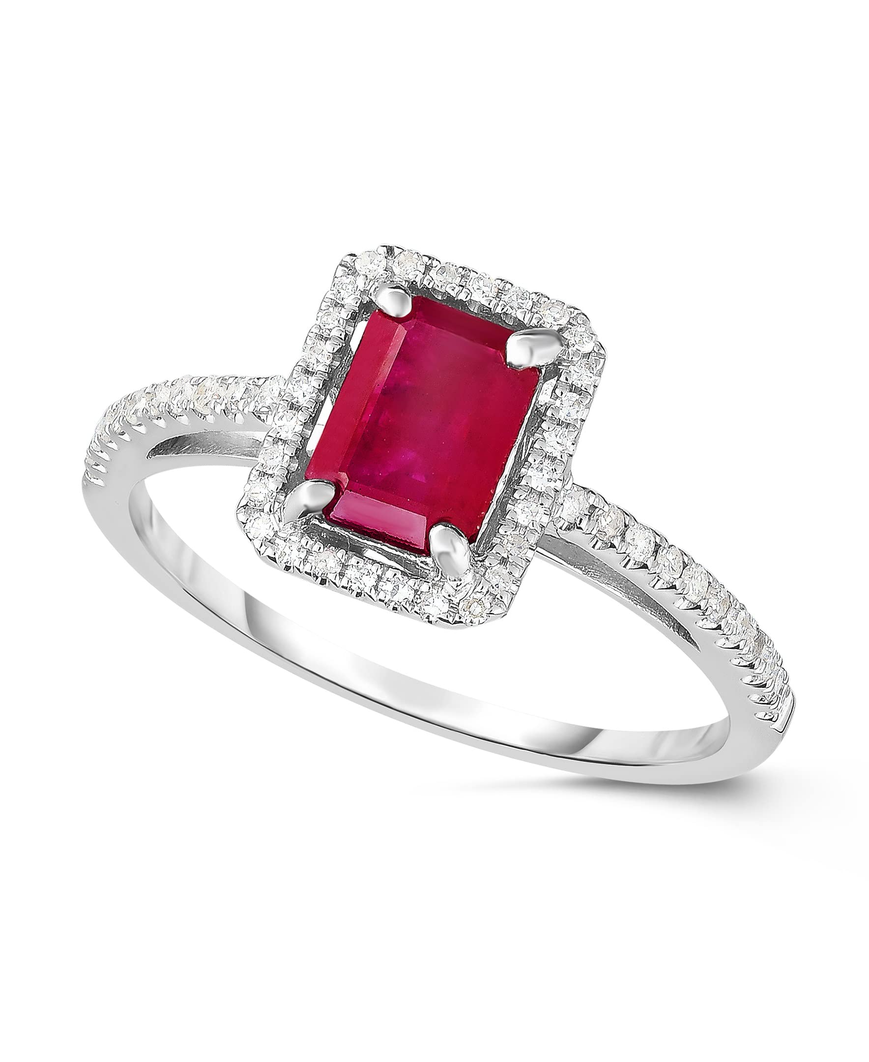 KOKAV 14K White Gold Genuine Ruby 1 Ct Emerald Cut with Diamonds Ring, Size 7