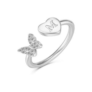 inenimartj initial rings for women stackable butterfly initial letter rings adjustable crystal inlaid m capital alphabet ring s925 silver initial jewelry