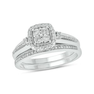 cali trove, 1/3cttw diamond cluster square halo engagement ring with matching diamond wedding band for women in 925 sterling silver, women's silver square halo wedding ring set with diamond accented