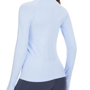 Stelle Women Workout Shirts Seamless Long Sleeve Yoga Tops with Thumb Holes for Sports Running Breathable Athletic Slim Fit Blue