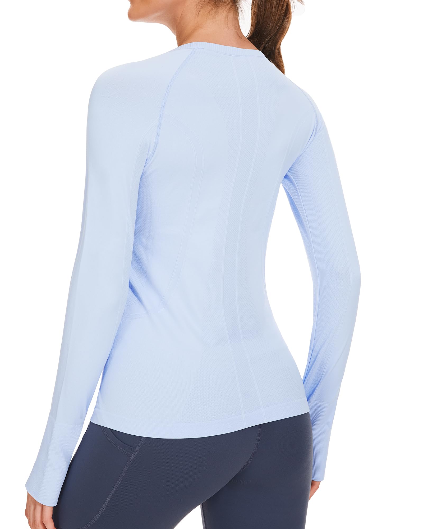 Stelle Women Workout Shirts Seamless Long Sleeve Yoga Tops with Thumb Holes for Sports Running Breathable Athletic Slim Fit Blue