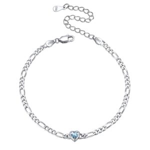 chicsilver 925 sterling silver heart bracelet for women dainty 3mm cubic zirconia cz created aquamarine march birthstone figaro chain bracelet birthday jewelry gifts